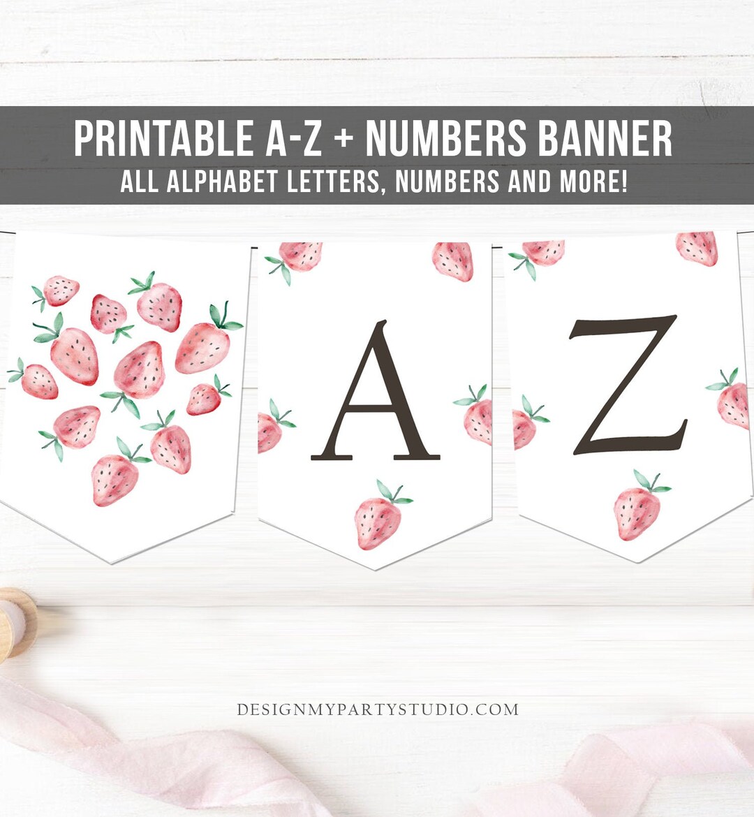 Strawberry Alphabet Banner Letters A to Z Numbers Strawberry Birthday ...