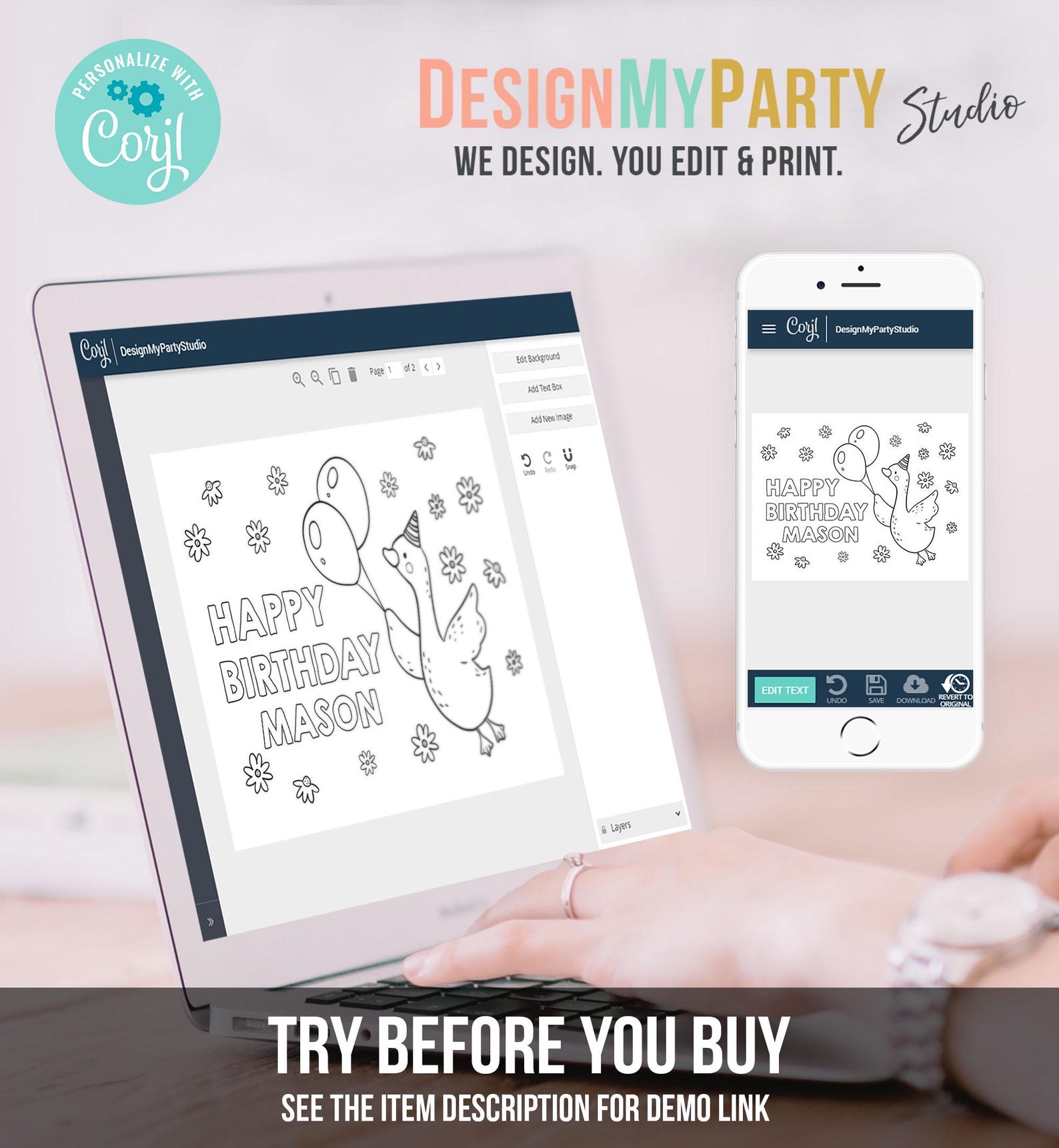 Editable Coloring Page One Silly Goose Birthday Party Activity Game ...