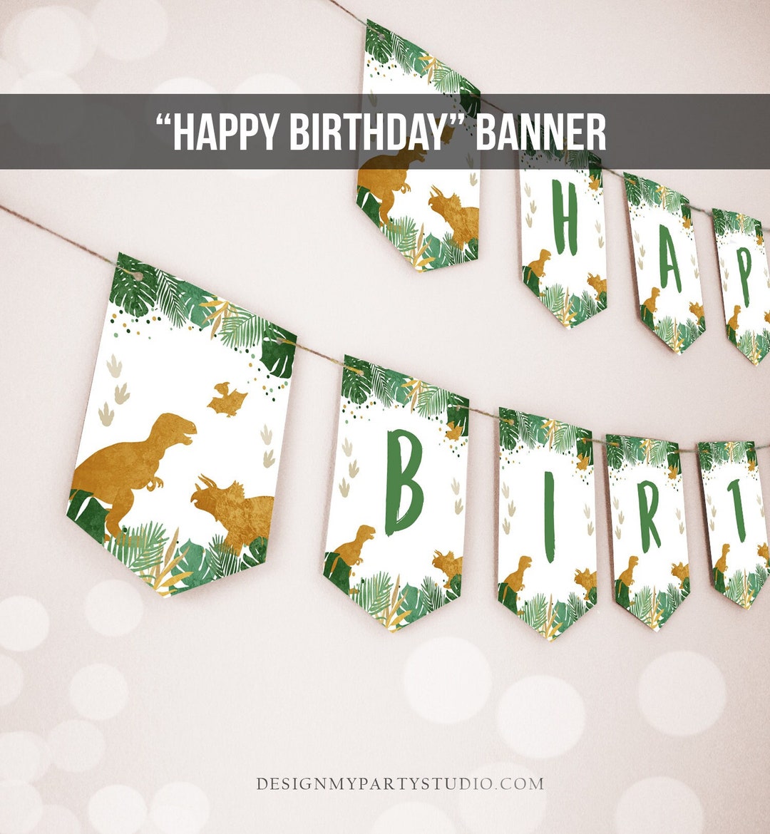 Happy Birthday Banner Dinosaur Birthday Banner Boy Green Gold Dino ...