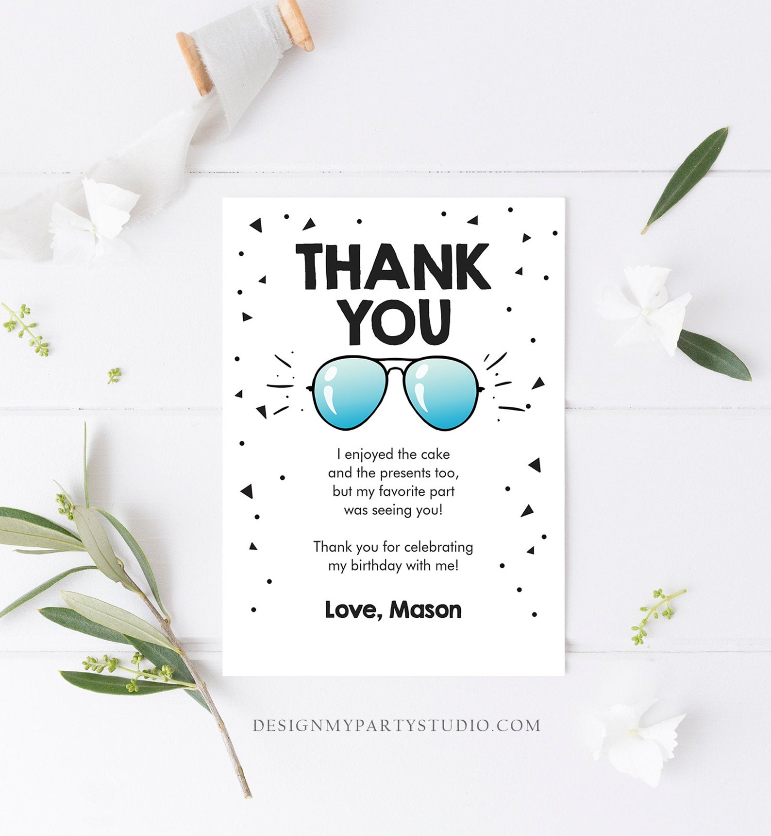 Editable Thank You Card Two Cool Birthday Boy Pilot Sunglasses | Etsy
