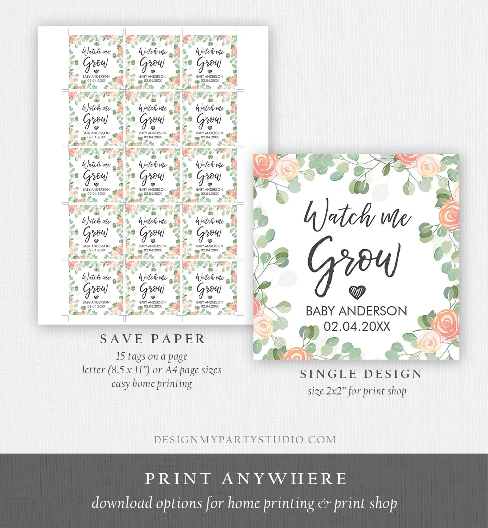 Editable Watch Me Grow Tags Baby Shower Favor Tags Plant Tags - Etsy