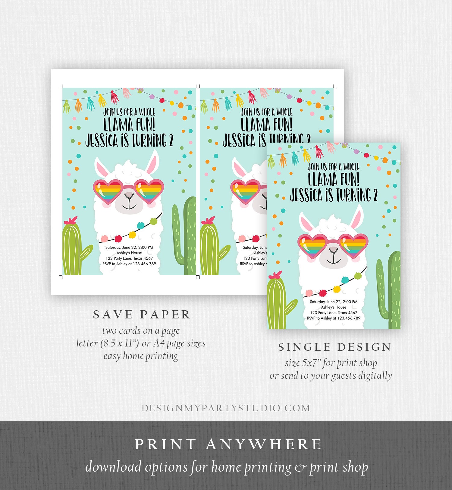 Editable Whole Llama Fun Birthday Invitation Llama Fiesta Cactus ...