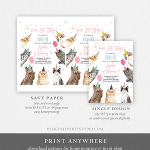 Editable Cat Birthday Party Invitation Kitten Birthday Invite Pink Girl ...