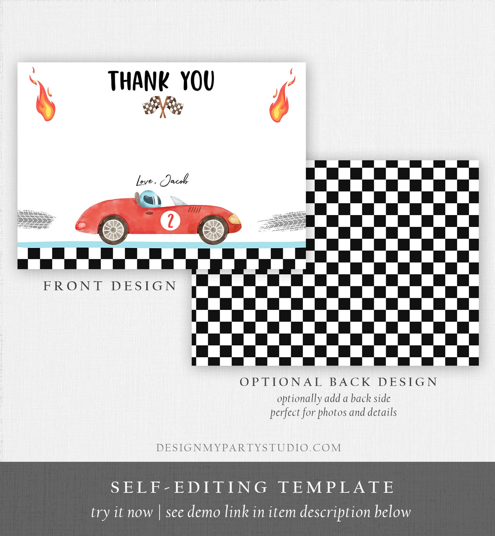 Editable Race Car Thank You Card Two Fast Birthday Boy Red - Etsy