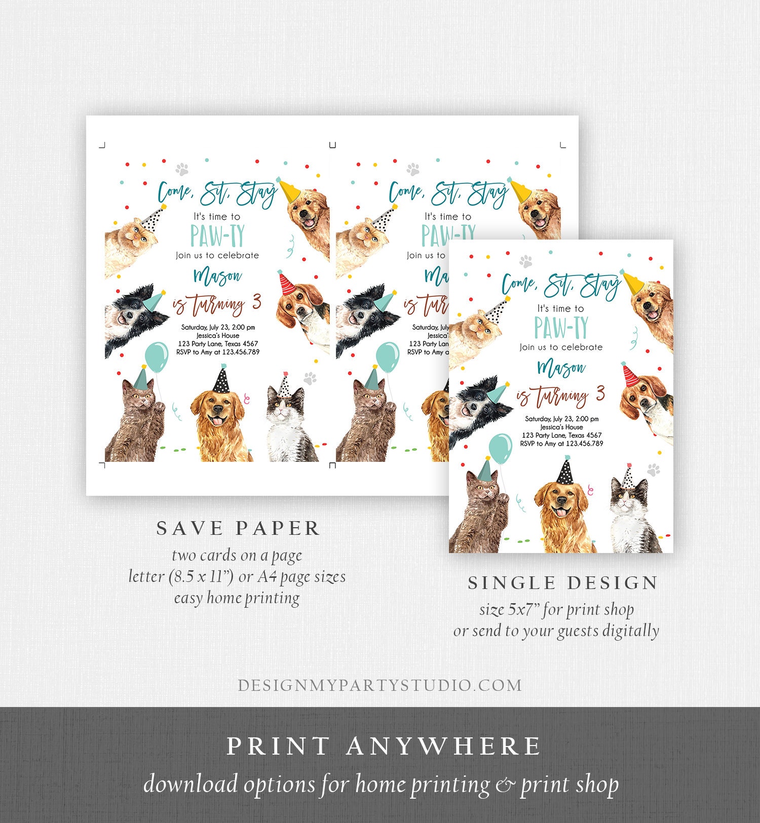 Editable Cats and Dogs Birthday Invitation Cat Dog Birthday Party Boy ...