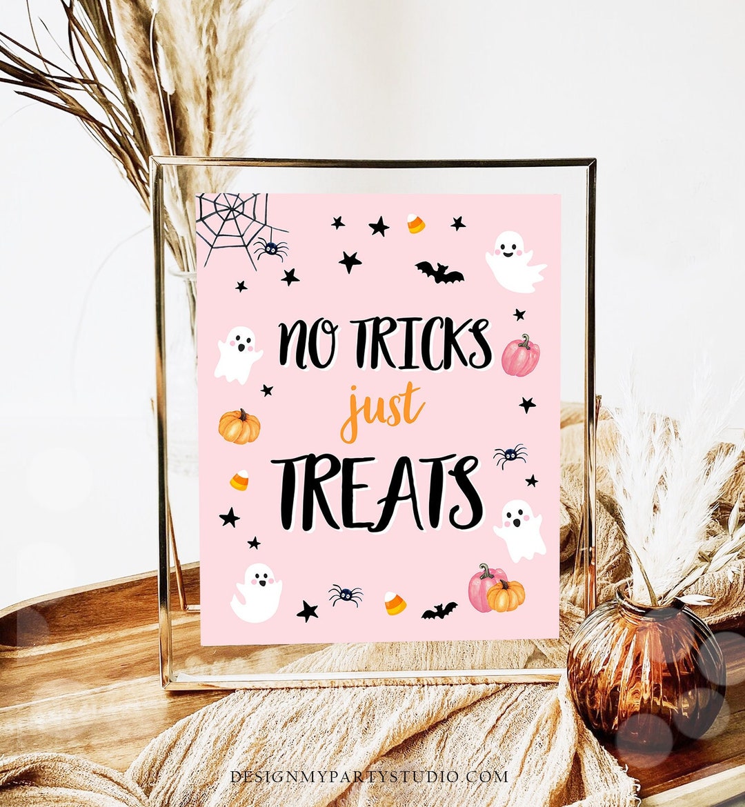 No Tricks Just Treats Sign Table Decor Halloween Ghost Party Sign Pink ...