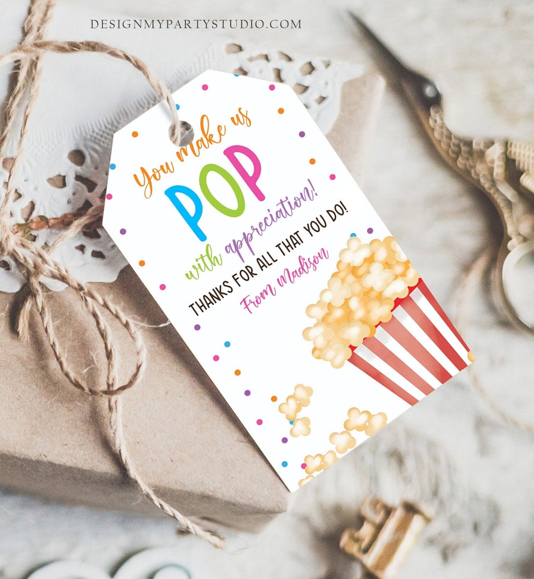 Editable Teacher Appreciation Tag Popcorn Thank You Tag Teacher Tag ...