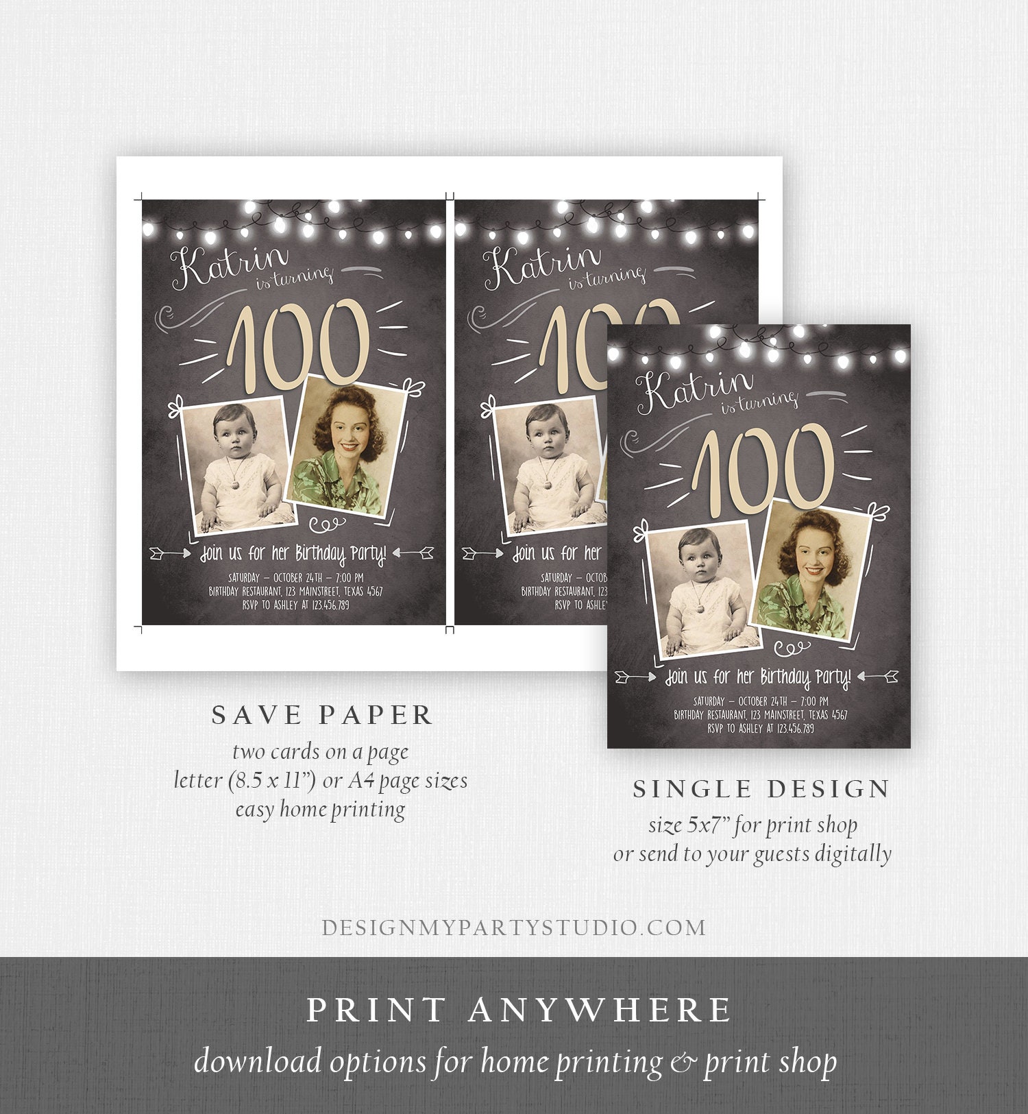 Editable 100th Birthday Invitation ANY AGE Chalkboard Rustic Adult ...