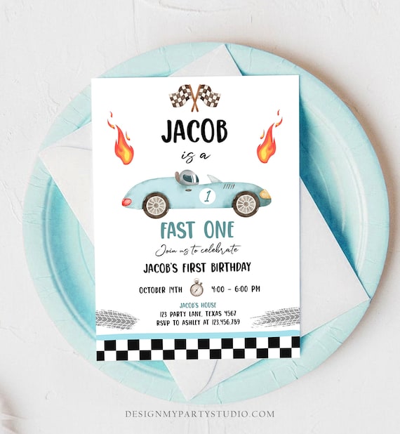 Editable Race Car 1st Birthday Invitation Fast One Invite First ...