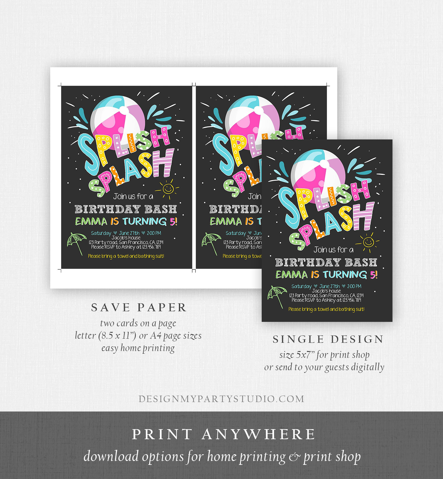 Editable Splish Splash Birthday Invitation Pool Party Beach - Etsy
