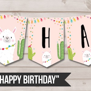Happy Birthday Banner Llama Birthday Banner Fiesta Birthday Girl Cactus ...