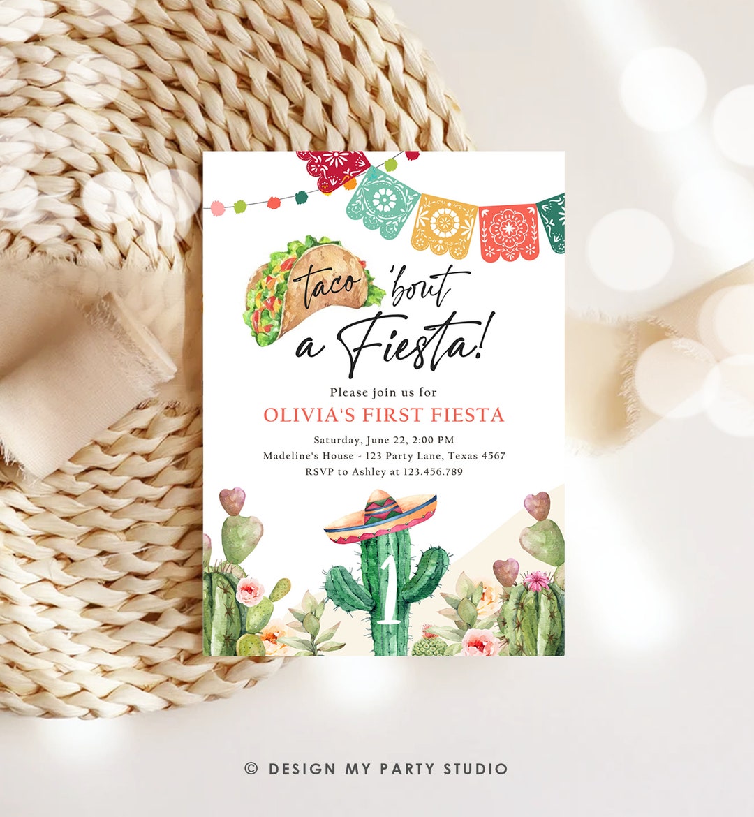Editable Taco Bout a Fiesta Birthday Invitation Fiesta ANY AGE Cactus ...