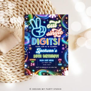 Editable Peace Out Single Digits Birthday Invitation Neon Glow Disco ...