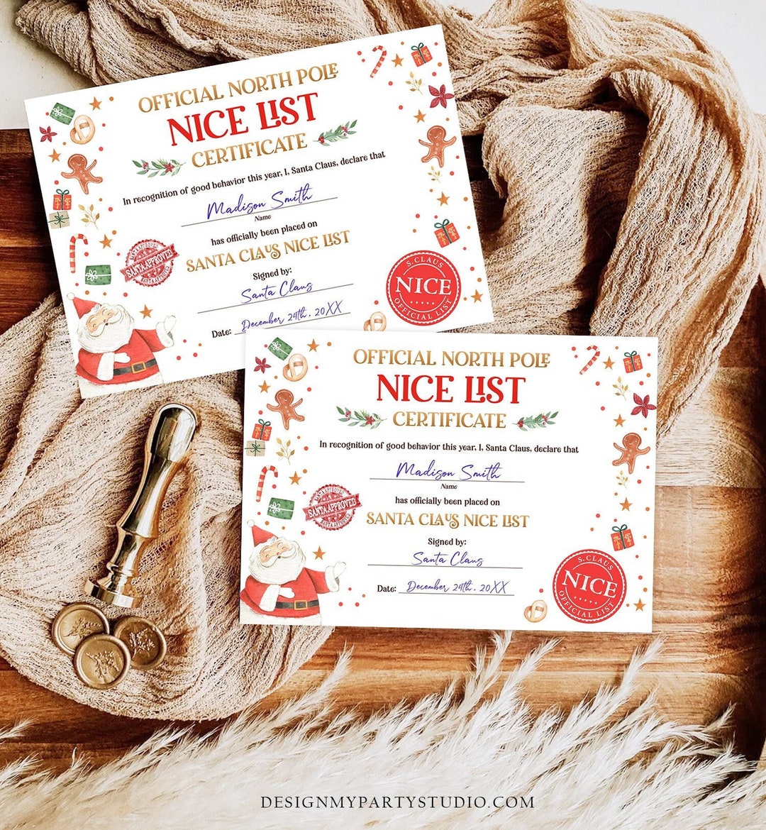 Editable Santa Claus Official Nice List Certificate Letter From Desk ...