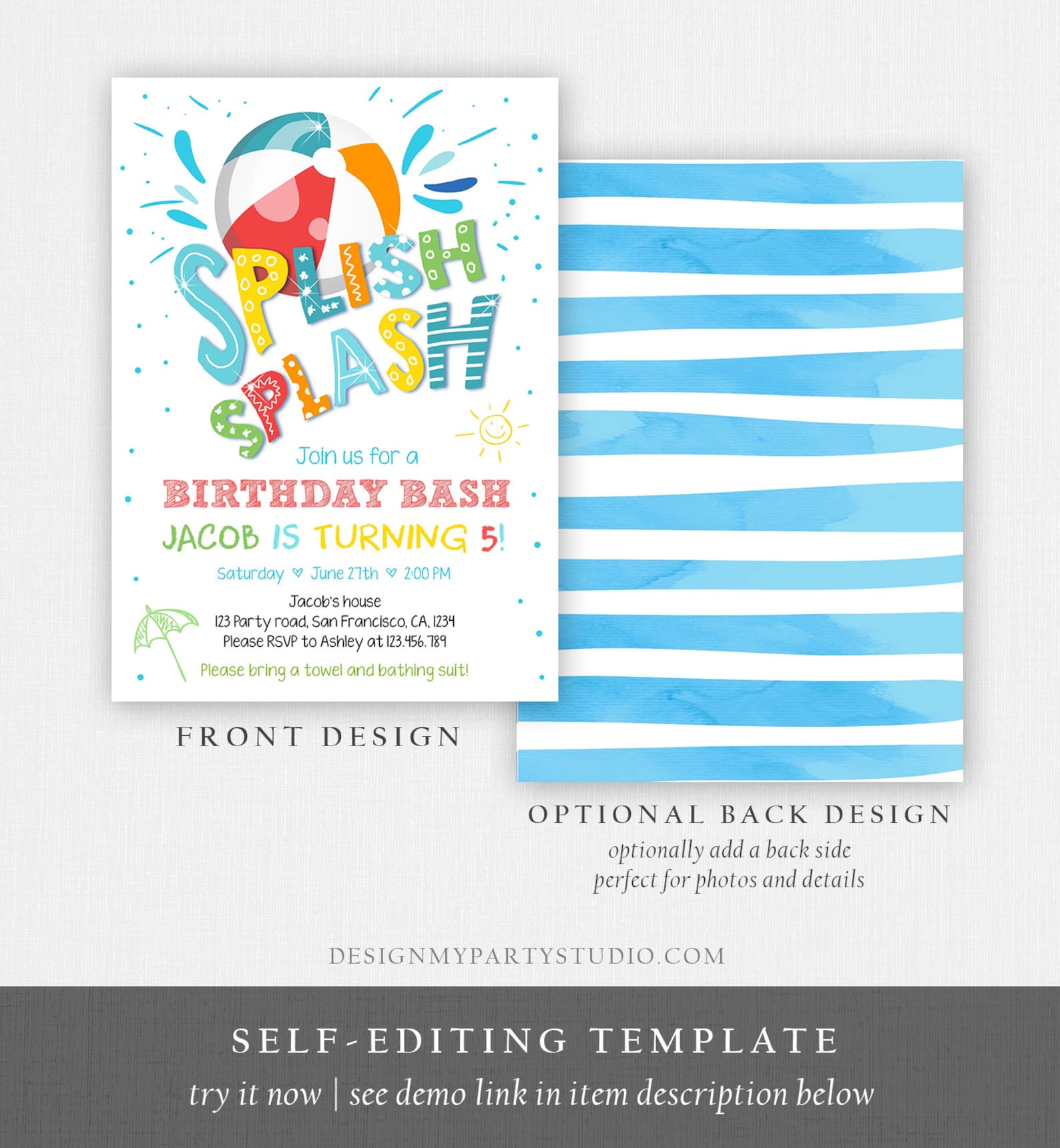 Editable Splish Splash Birthday Invitation Pool Party Boy Beach Ball Blue Green Birthday Bash ...