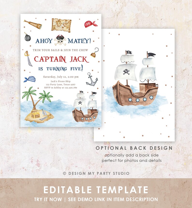 Editable Ahoy Matey Pirate Birthday Invitation Pirates Party Nautical ...