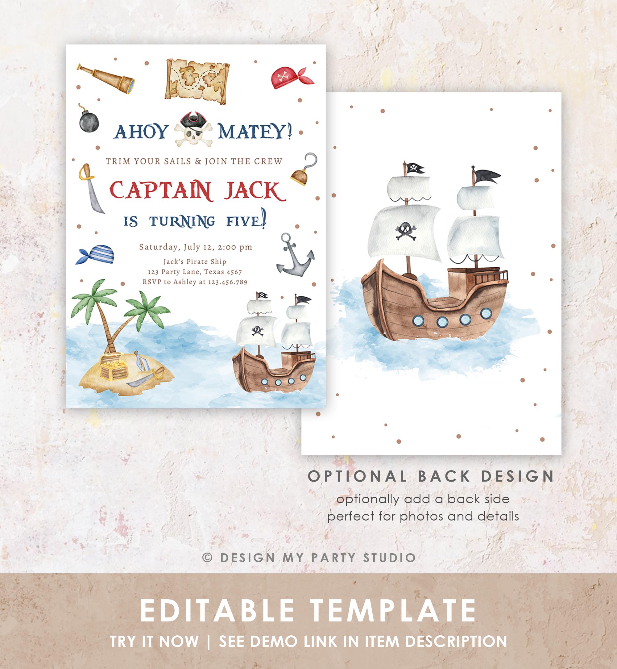 Editable Ahoy Matey Pirate Birthday Invitation Pirates Party Nautical ...
