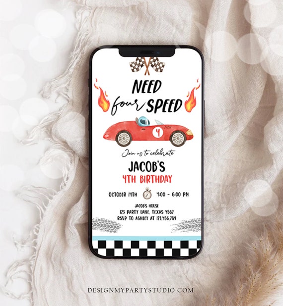 Editable Racing Car Birthday Invitation Need Four Speed Evite 4th ...