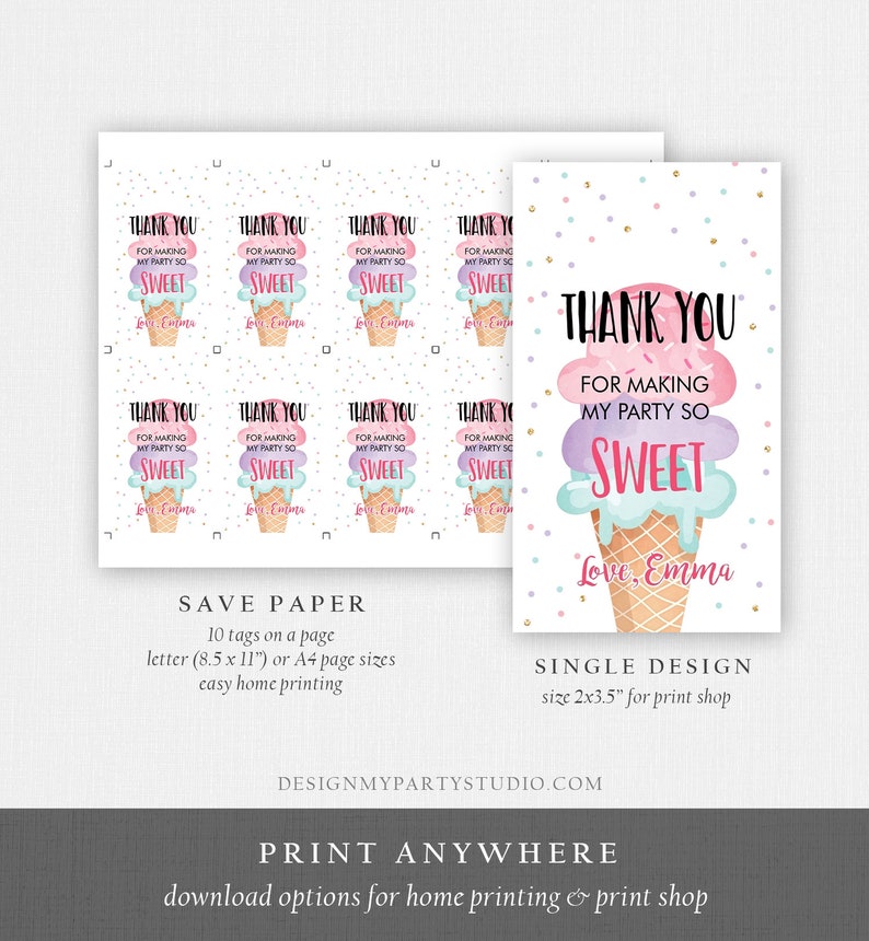 Editable Ice Cream Favor Thank You Tag Ice Cream Birthday Party Girl ...