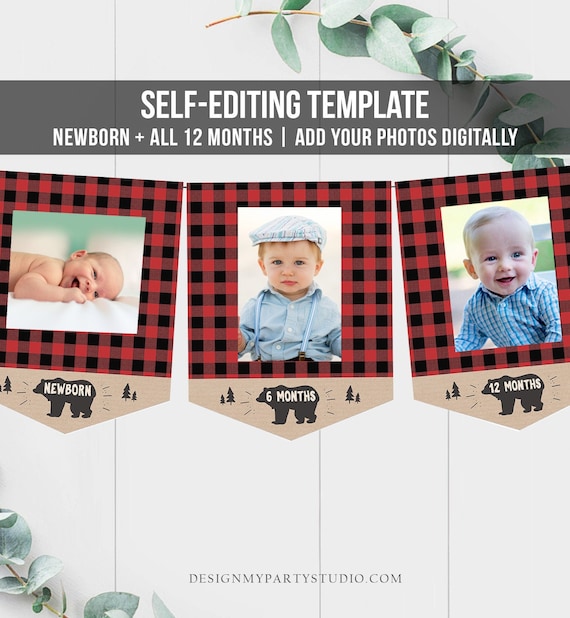 Editable Lumberjack First Birthday Banner Monthly Photo Banner Bear ...