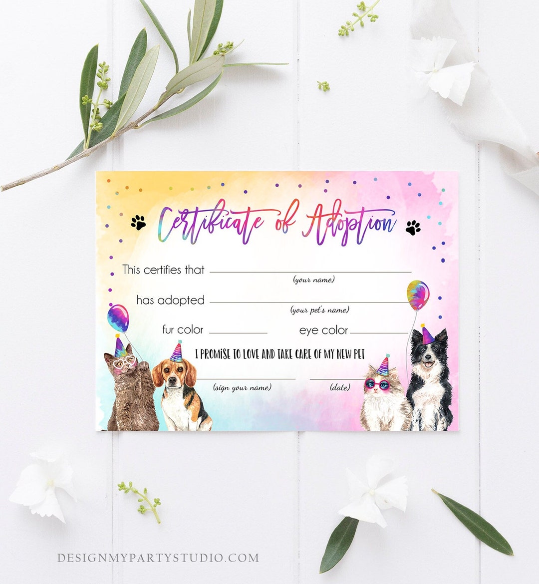 Pet Adoption Certificate Cats and Dogs Birthday Party Adopt A Pet Girl ...