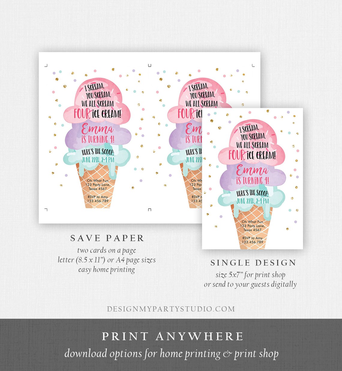 Editable Ice Cream I Scream Birthday Invitation Four Birthday Party 4th ...