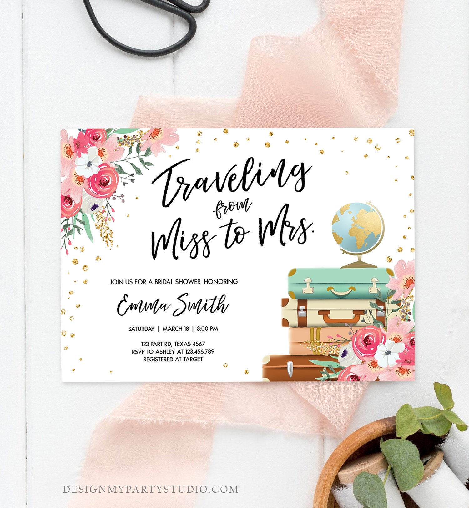 Printable Blush Rose Gold Bridal Shower Invitation Miss to Mrs ...