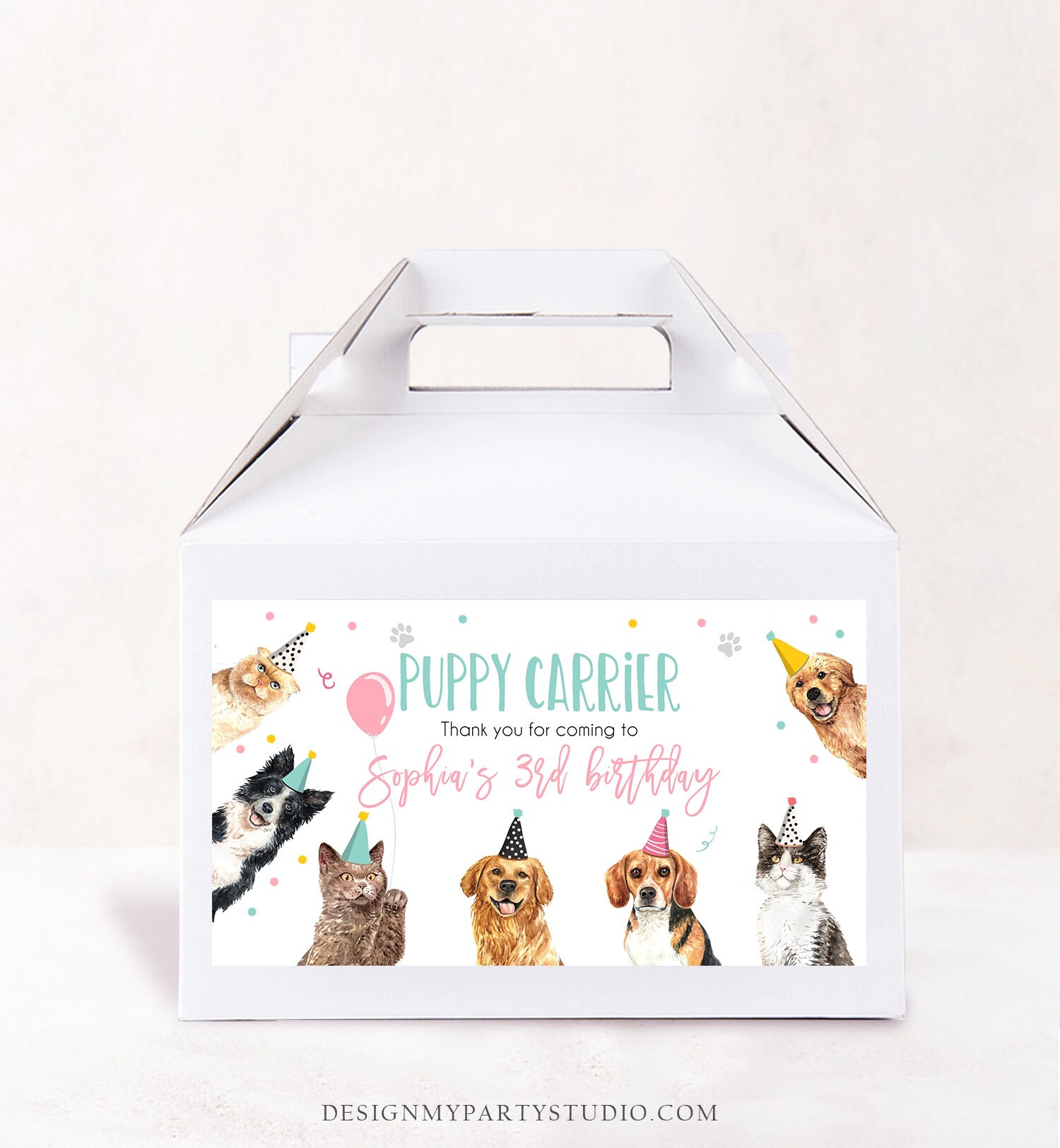 Editable Cats and Dogs Favors Puppy Carrier Box Label Puppy Birthday ...