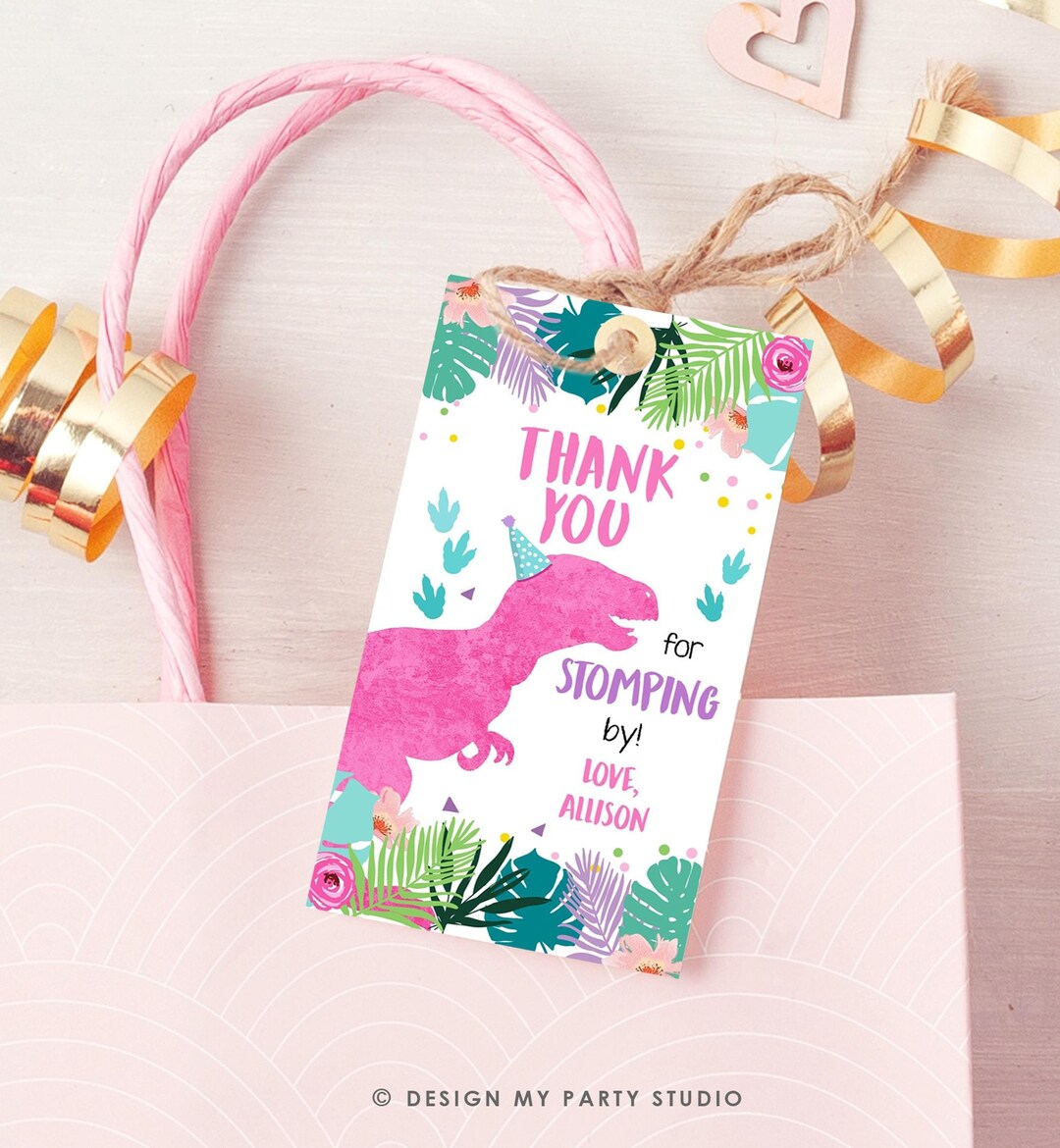 Editable Dinosaur Birthday Favor Tag Gift Tag Girl Pink T-rex Three Rex ...
