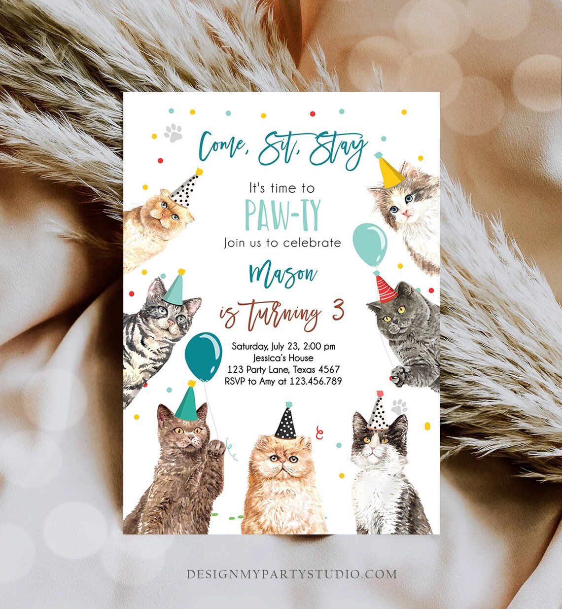 Editable Cat Birthday Party Invitation Kitten Birthday Invite Blue Boy ...