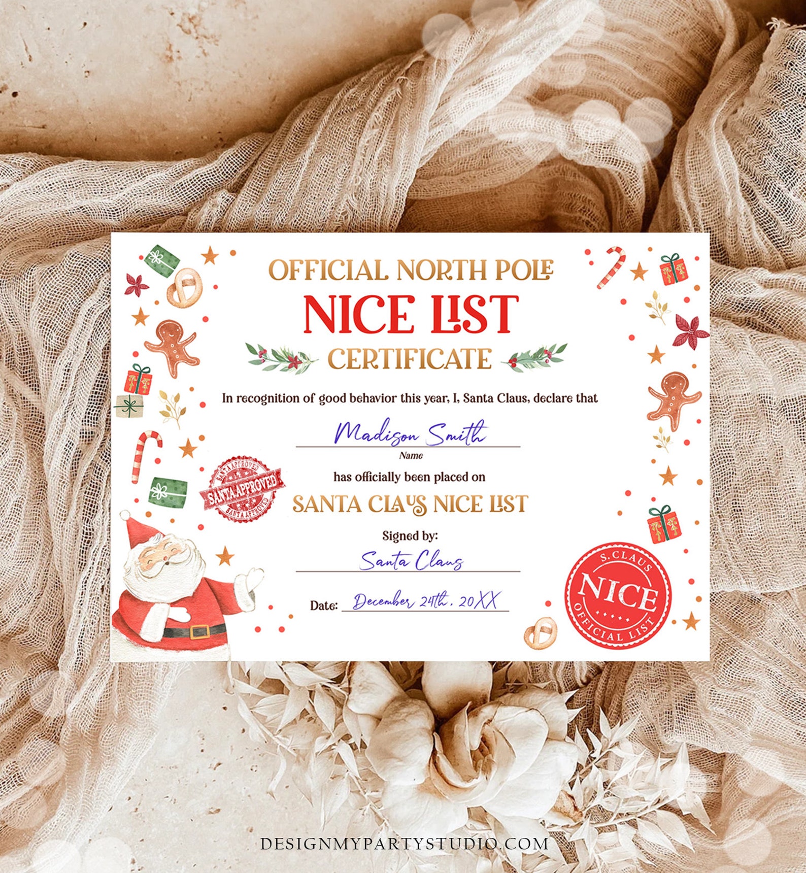 Editable Santa Claus Official Nice List Certificate Letter From Desk ...