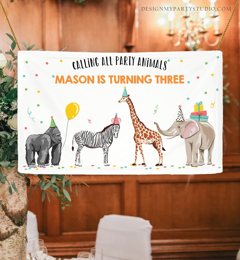 Editable Party Animals Birthday Backdrop Banner Safari Animals - Etsy