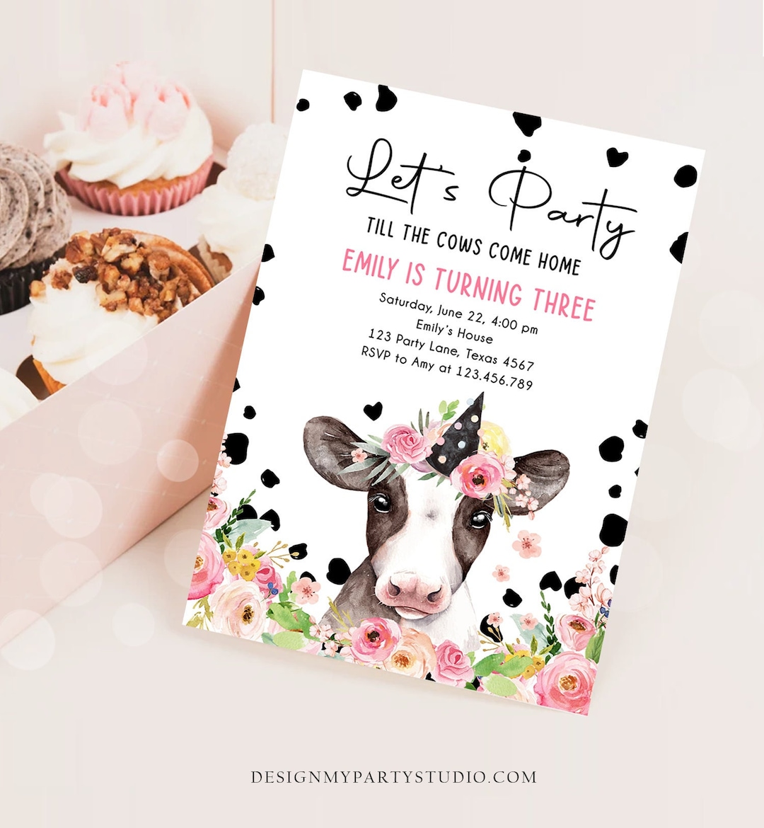 Editable Cow Birthday Invitation Girl Farm Animals Let's Party Till the ...