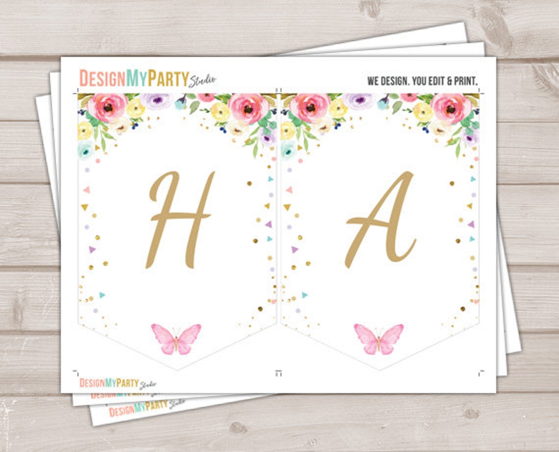 Happy Birthday Banner Butterfly Birthday Banner Floral Flowers - Etsy
