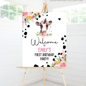 Editable Cow Birthday Welcome Sign Barnyard Birthday Welcome Sign Pink ...