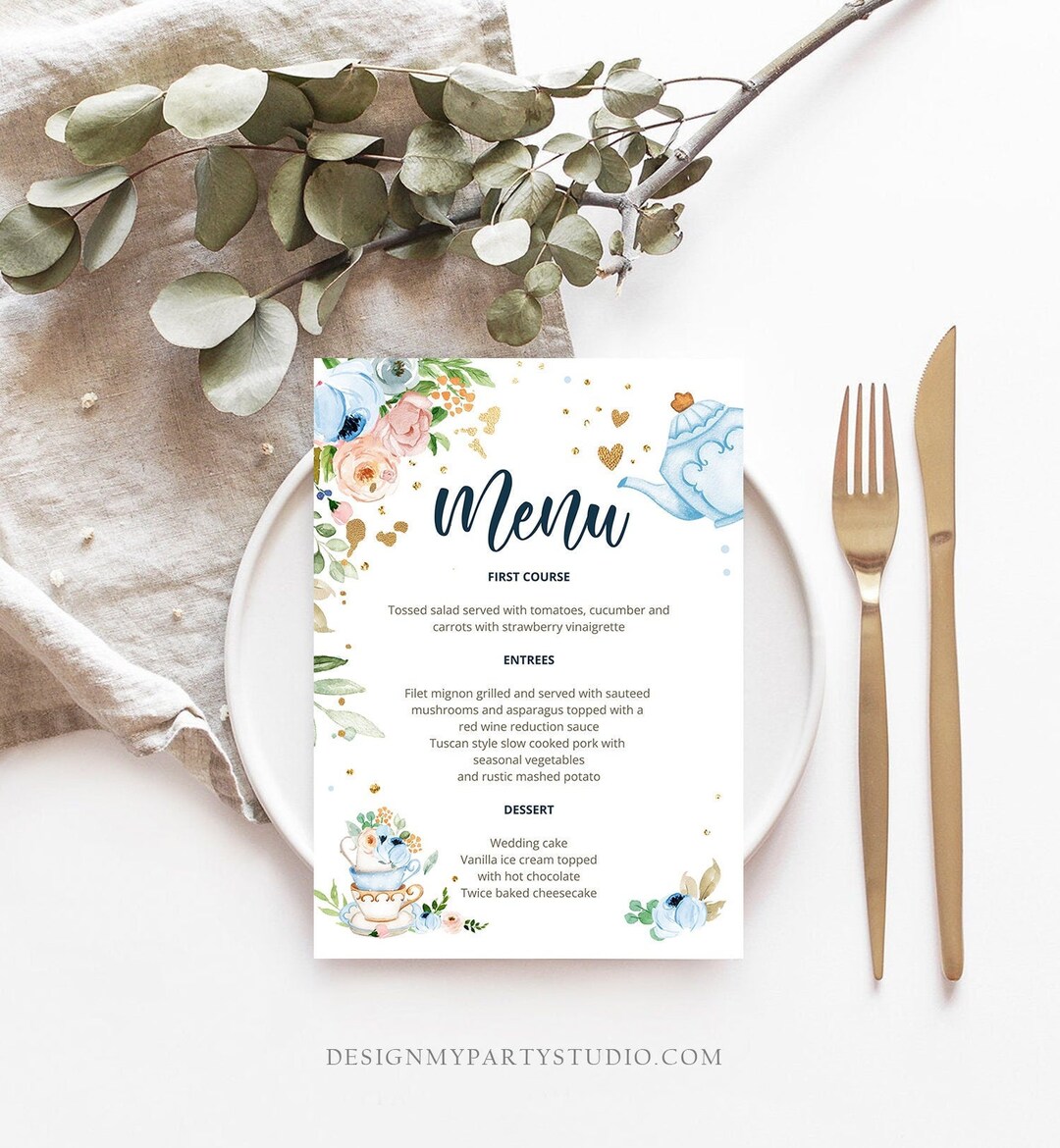 Editable Floral Tea Menu Card Tea Birthday Blue Confetti Floral Tea ...