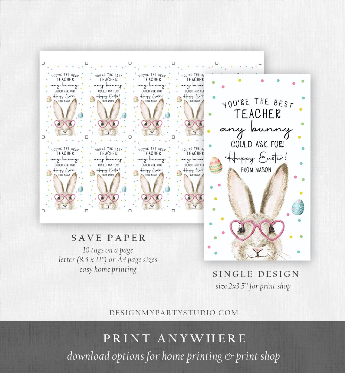 Editable Teacher Gift Tags Easter You're the Best Teacher Any Bunny ...