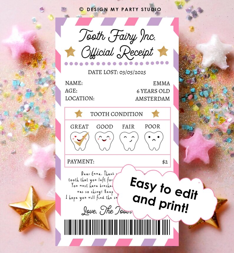 Editable Tooth Fairy Receipt First Lost Tooth Certificate Official ...