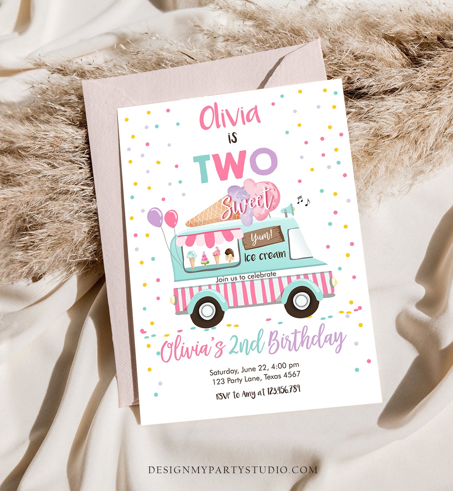 Editable Ice Cream Truck Birthday Invitation Two Sweet Etsy