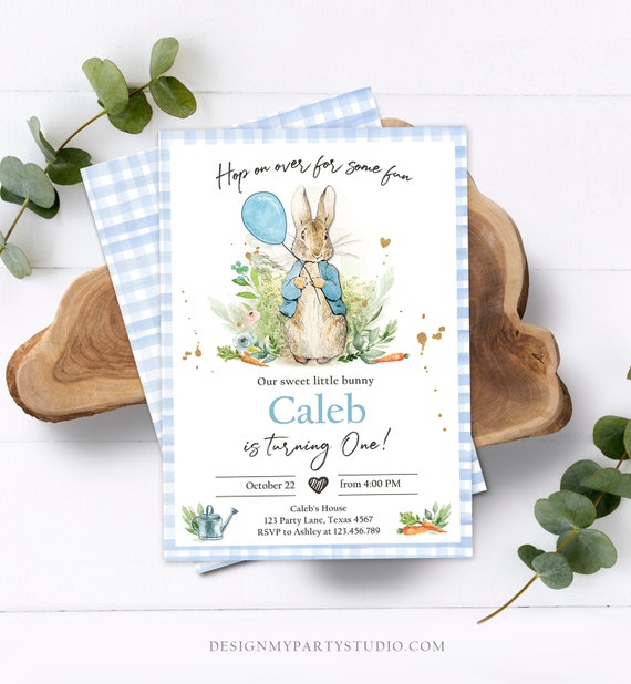 Editable Peter Rabbit Birthday Invitation Boy Blue Rustic Peter Rabbit ...