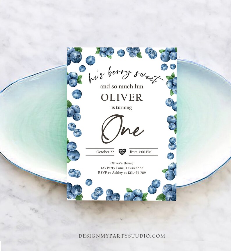 Editable Blueberry Birthday Invitation First Birthday Berry | Etsy