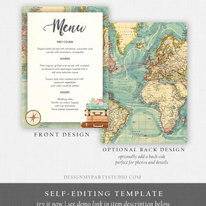 Editable Travel Adventure Menu Card Wedding Bridal Shower Birthday ...