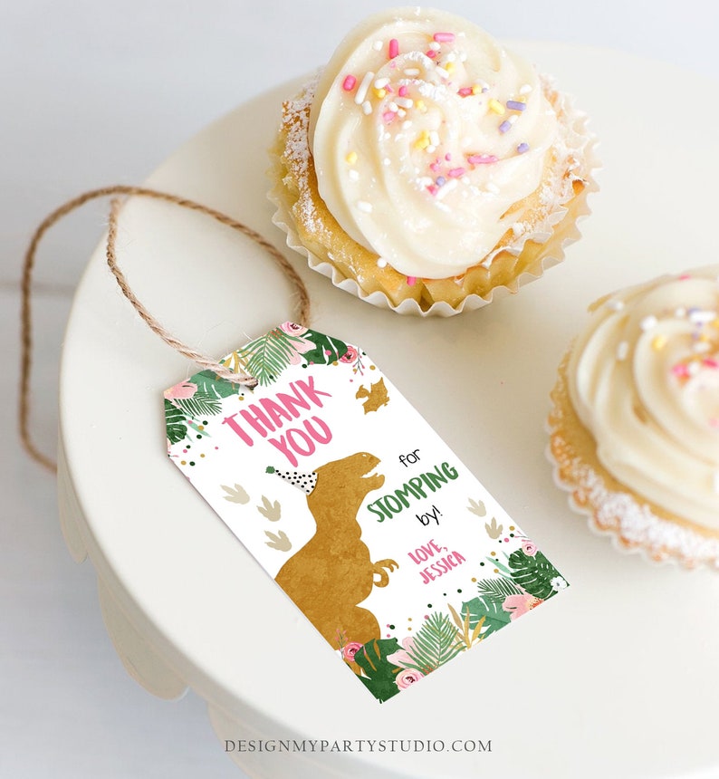 Editable Dinosaur Favor Tags Gift Tag Girl Pink Gold Thank You for ...