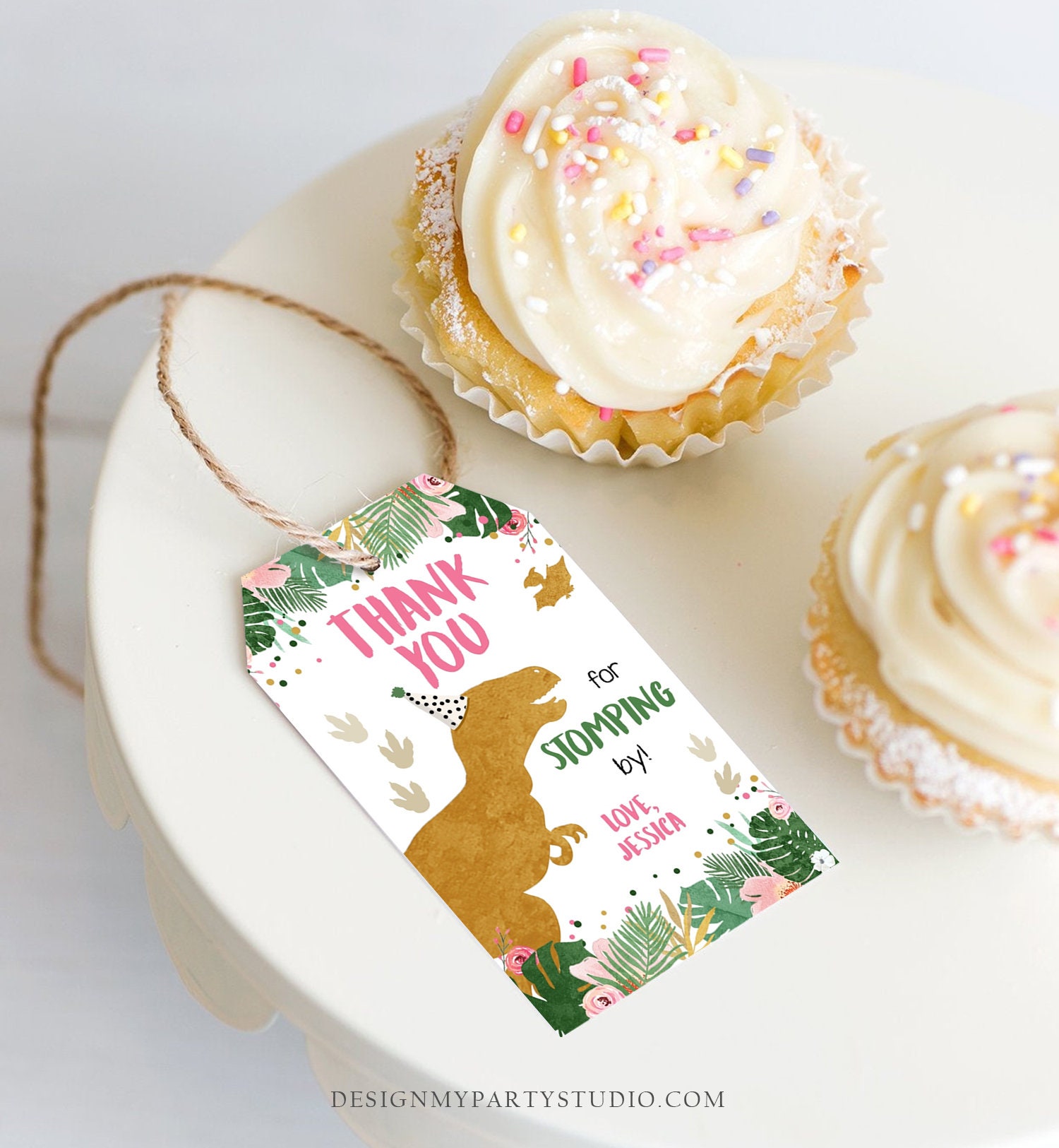 Editable Dinosaur Favor Tags Gift Tag Girl Pink Gold Thank You - Etsy