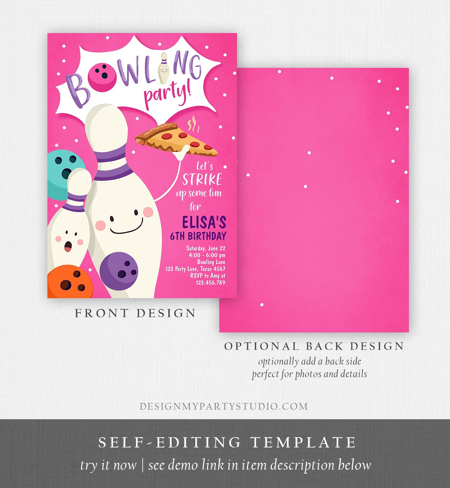 Editable Bowling Birthday Invitation Strike up Some Fun Girl Bowling ...