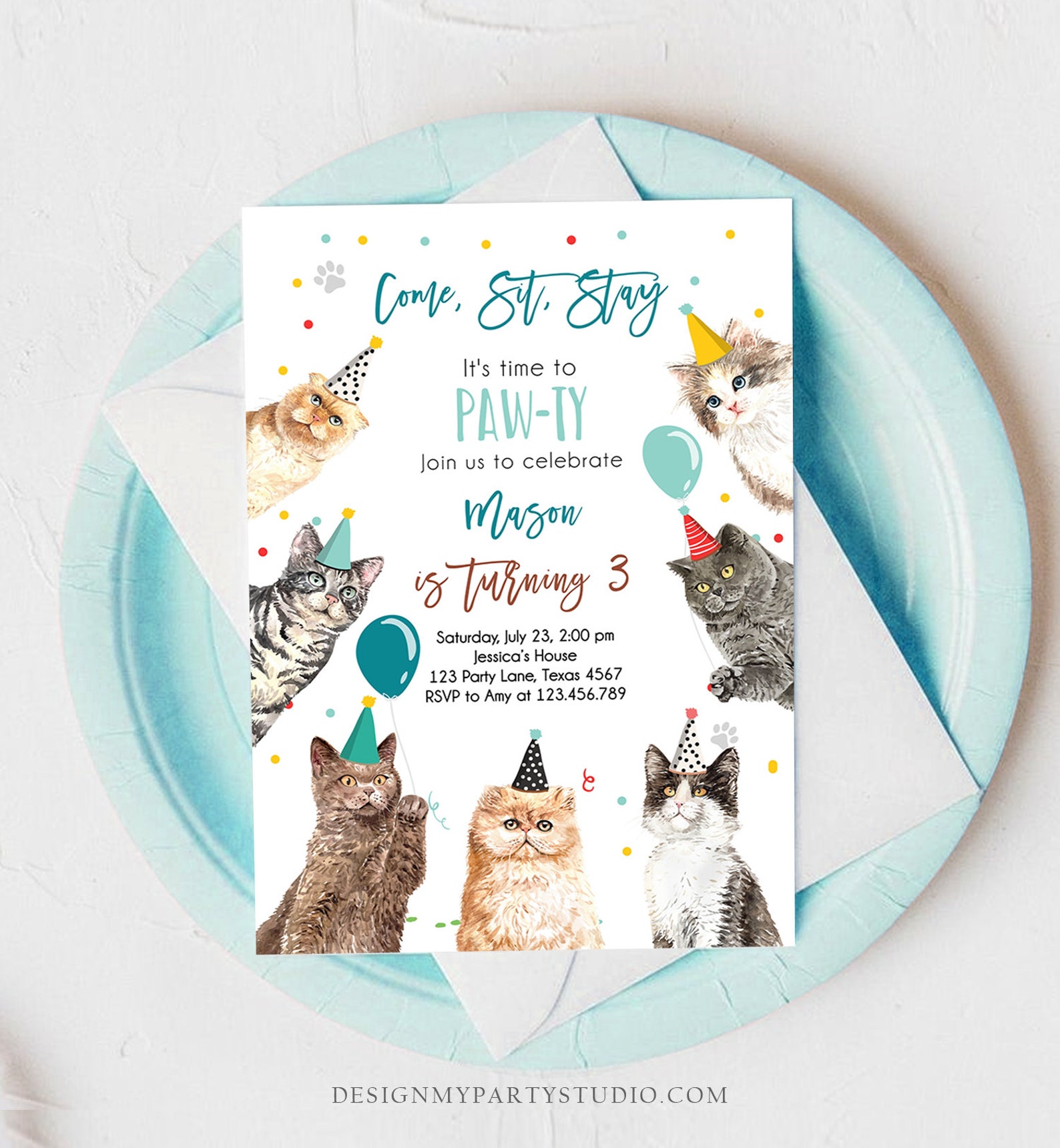 Editable Cat Birthday Party Invitation Kitten Birthday Invite - Etsy
