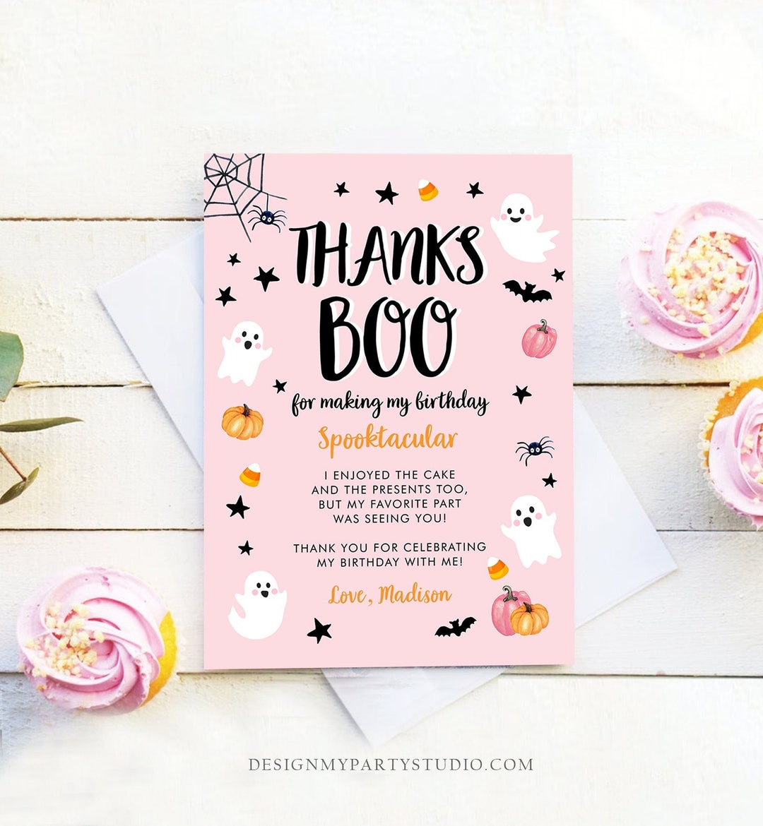 Editable Thanks Boo Halloween Thank You Card Note Pink Ghost Pumpkin ...