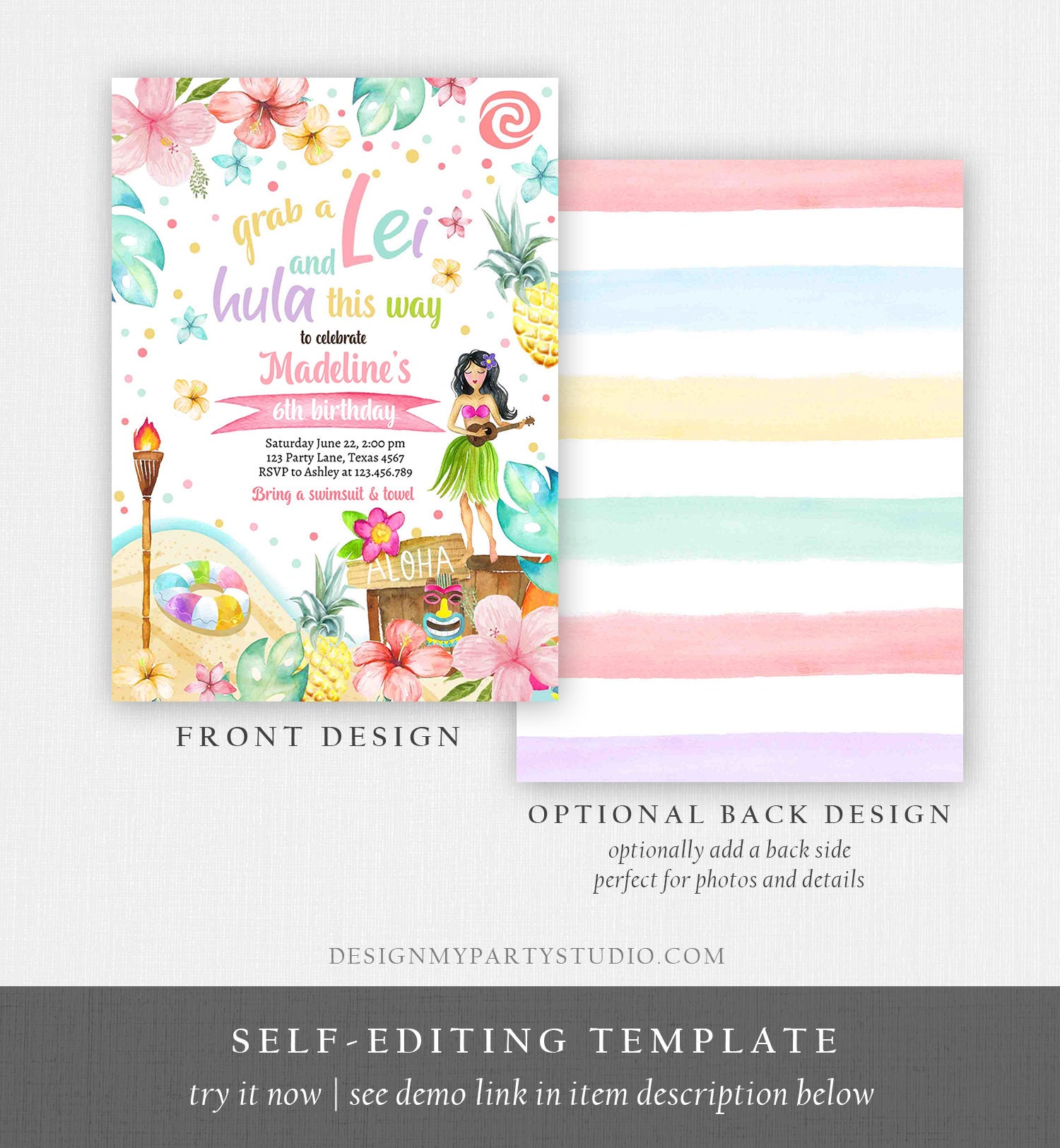 Paper & Party Supplies Paper Templates Editable Hawaiian Luau Birthday ...