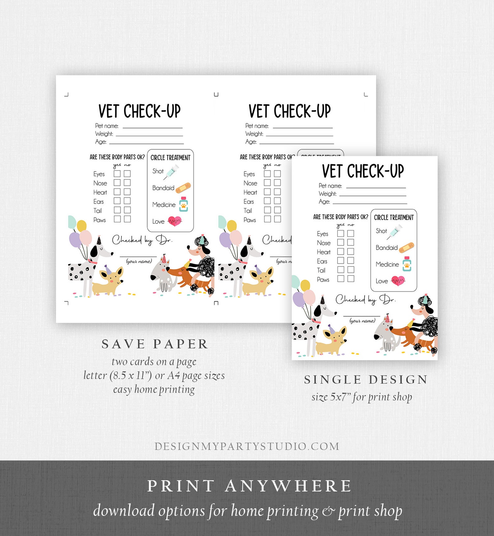 Vet Check up Exam Sheet Pet Check-up Dog Birthday Party Puppy Party ...