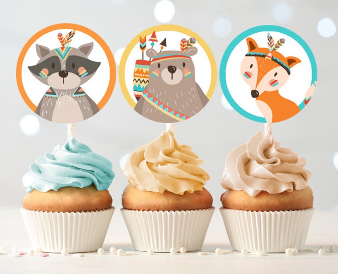Tribal Woodland Cupcake Toppers Favor Tags Birthday Party Decoration ...